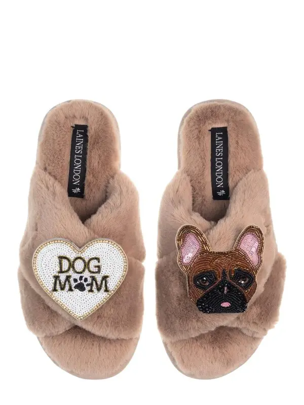 LAINES LONDON Classic Laines Slippers With Cookie The Frenchie & Dog Mum / Mom Brooches Toffee - Brown