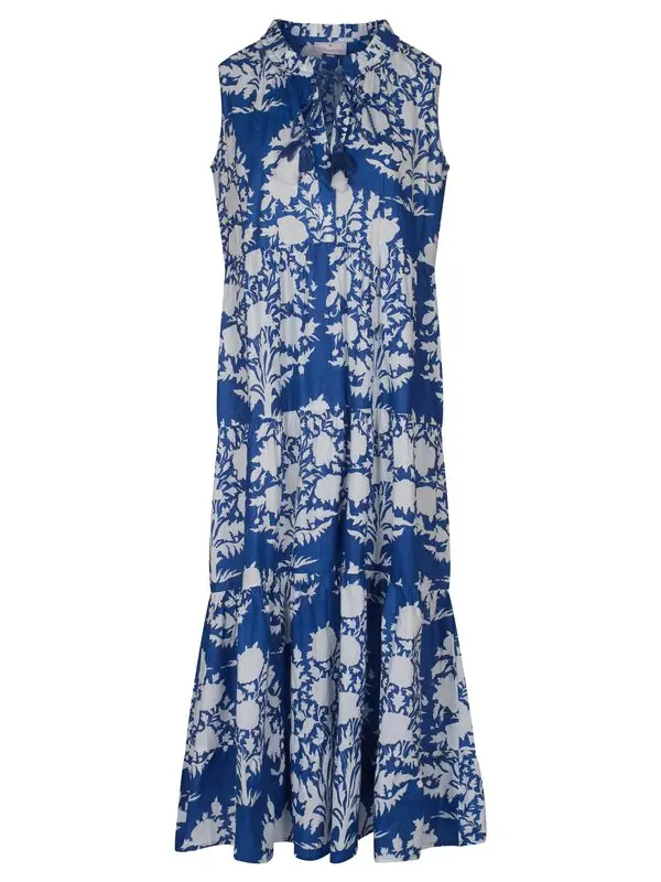 LA MANDARINE Summer Maxi Dress With Pockets. Beach Dress, & White Ikat Cotton Paloma - Blue