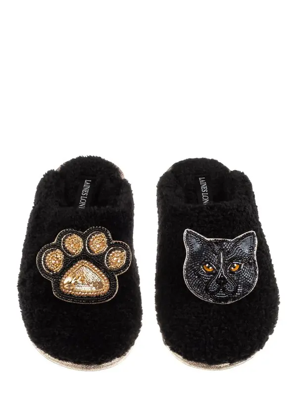 LAINES LONDON Teddy Closed Toe Slippers With Paw & British Shorthair Cat Brooches - Black