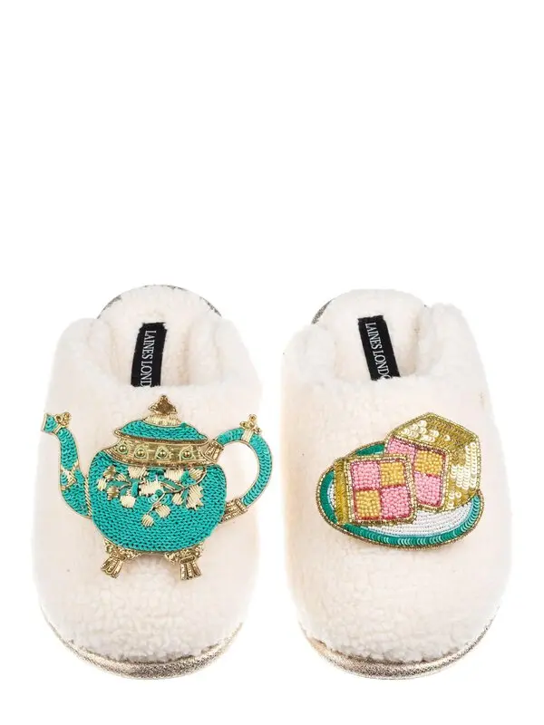 LAINES LONDON Neutrals / Laines X Juliet Teddy Closed Toe Slippers With Tea & Battenberg Cake Brooches Cream - White
