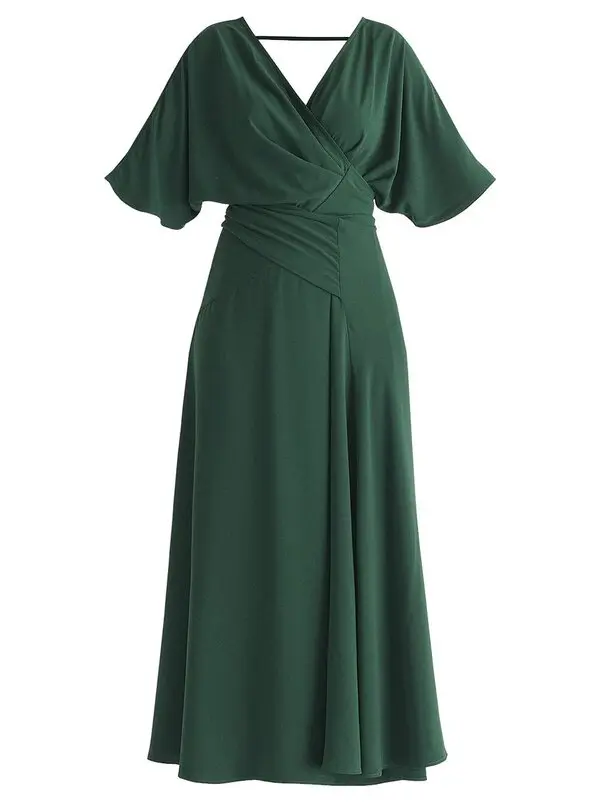 PAISIE Flare Sleeves Maxi Wrap Dress - Green
