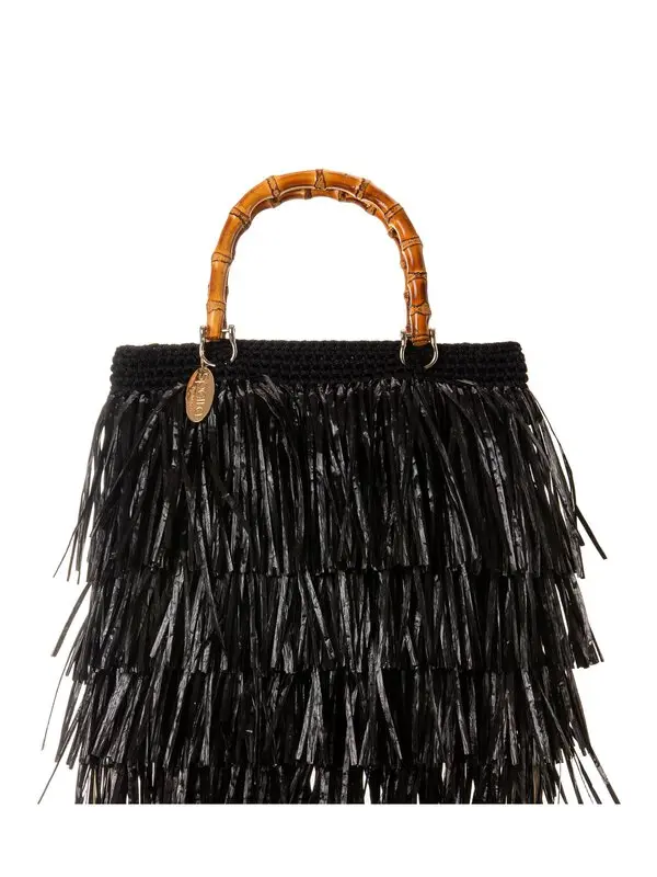SPEIRA Tote Bag Raffia Fringes With Bamboo Handles - Black