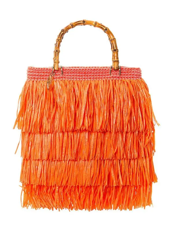 SPEIRA Tote Bag Raffia Fringes With Bamboo Handles - Orange
