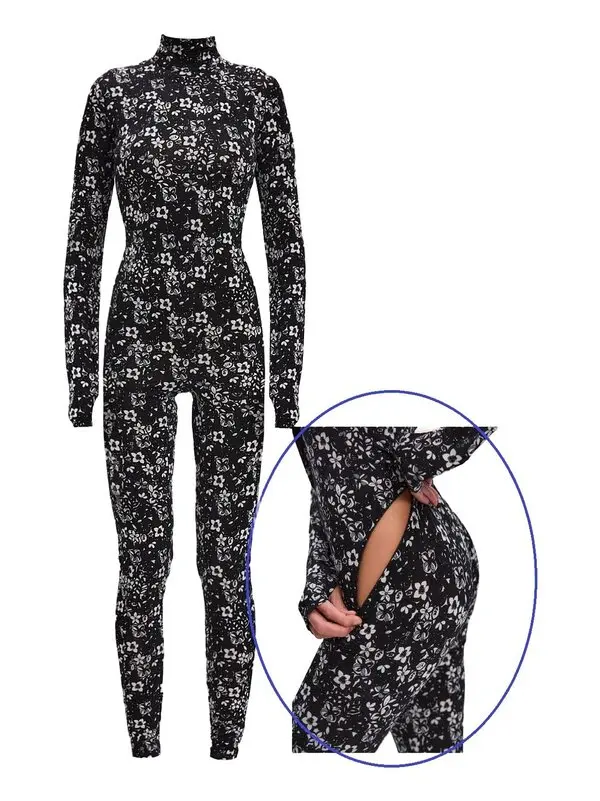 MONOSUIT Viscose Noir Blossom Long Sleeve High Neck Full Bodysuit Total & White - Black