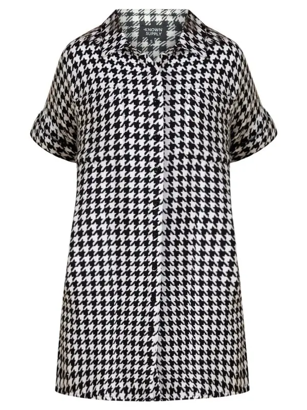 KNOWN SUPPLY Flannel Shirt Dress Amaris Houndstooth /pearl - Black