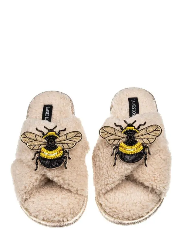 LAINES LONDON Neutrals Laines Neutral Boucle Slippers With Double Honeybee Brooches Oatmeal - Brown