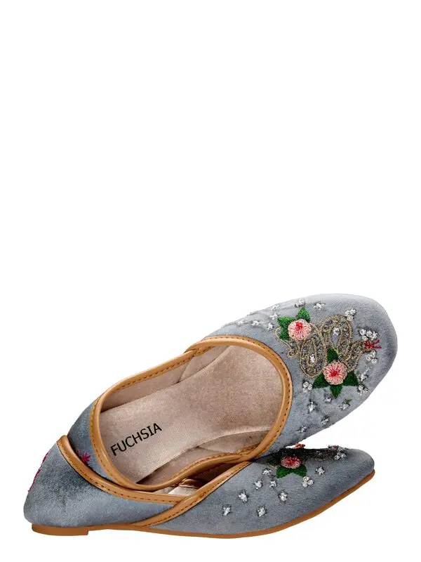 FUCHSIA SHOES Serpent Rose Handcrafted Thread & Sequin Embroidered Velvet Jutti Flats Gray - Grey