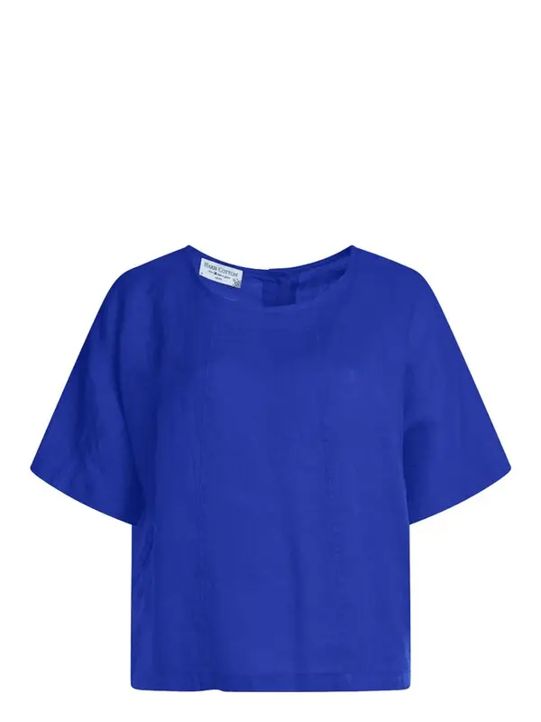 Haris Cotton Round Neck Linen Blouse With Batwing Sleeve And Back Buttons Sapphire - Blue