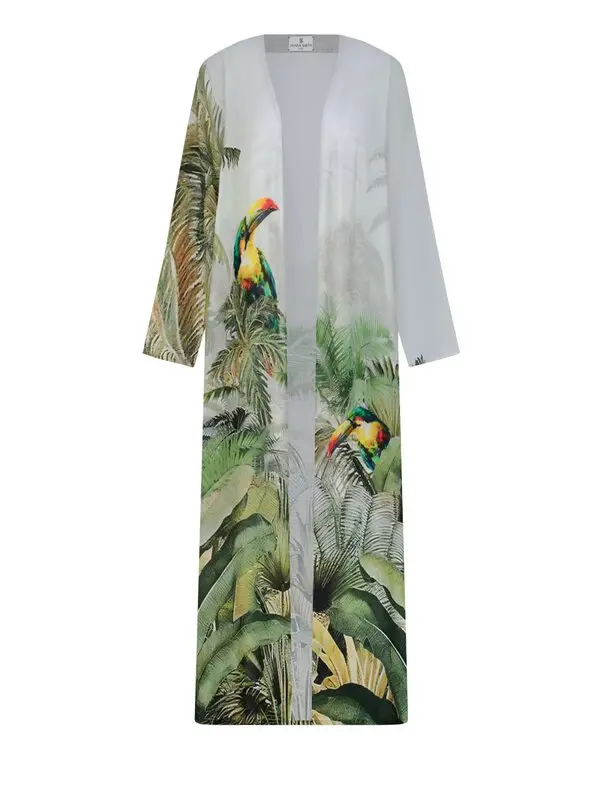 DHARA SHETH, DUBAI Wild Wings Bird In The Jungle Long Kimono Green & Multicolor - Grey/green