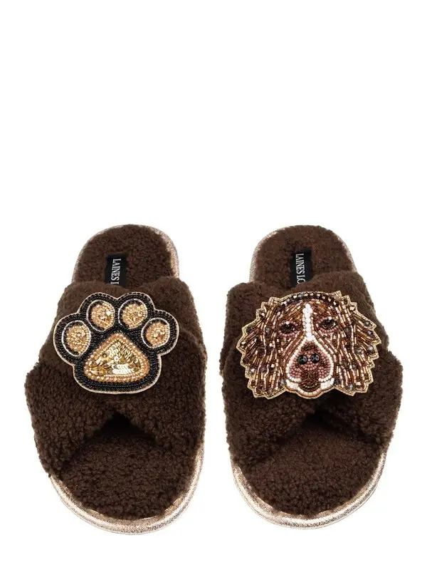 LAINES LONDON Neutrals Laines Neutral Boucle Slippers With Duke The Spaniel & Paw Brooches Chocolate - Brown