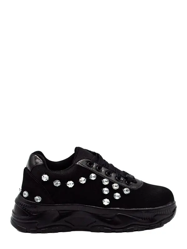 RETTROSE Adeline Luxury Noir Lycra Handmade Embellished Trainers - Black