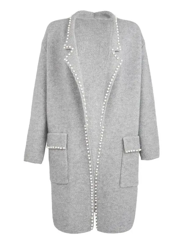 Saachi Pearl Trim Long Knit Blazer - Grey