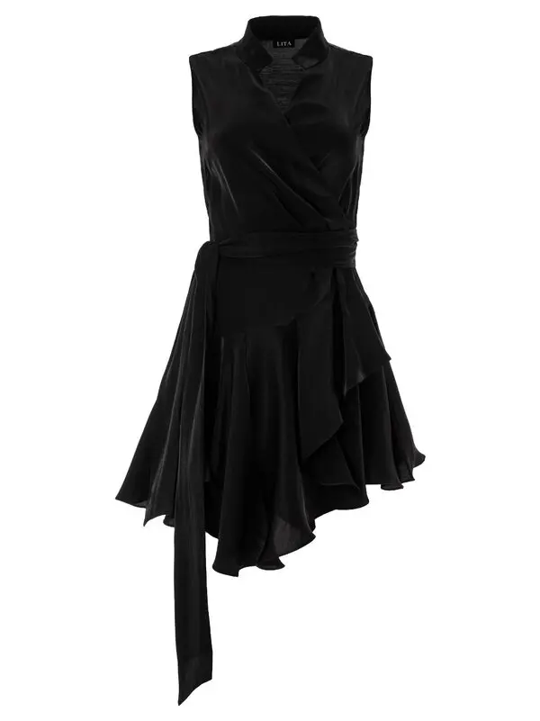 LITA COUTURE Ruffle Trimmed Asymmetric Silk Dress - Black