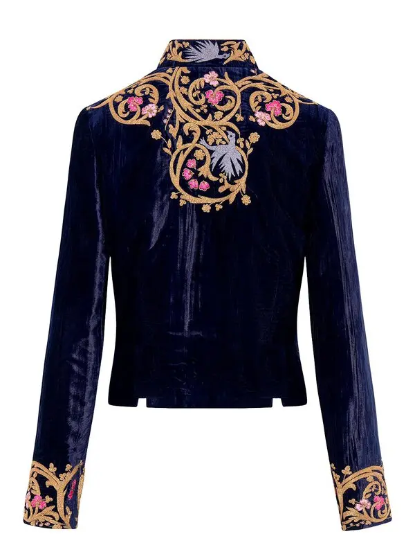 BEATRICE VON TRESCKOW Navy Embroidered Velvet Valerie Cropped Jacket - Blue