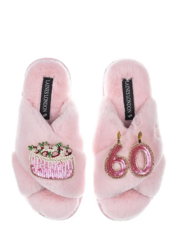 LAINES LONDON Classic Laines Slippers With 60th Birthday & Cake Brooches - Pink