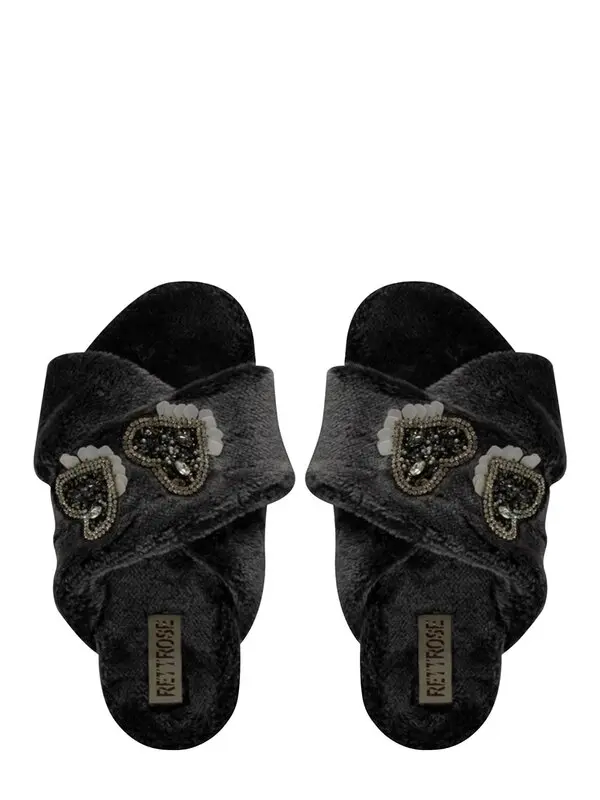 RETTROSE Katie Charcoal Luxury Plush Diamanté Heart Embellished Handmade Slipper - Grey