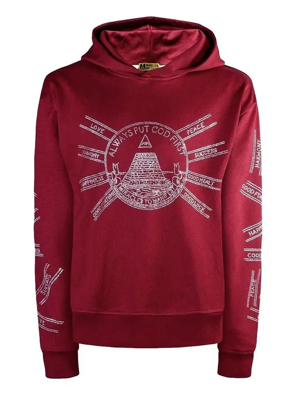 MIRACLES MANIFESTER God First Affirmation Hoodie With Rhinestone Design Bordeaux - Red
