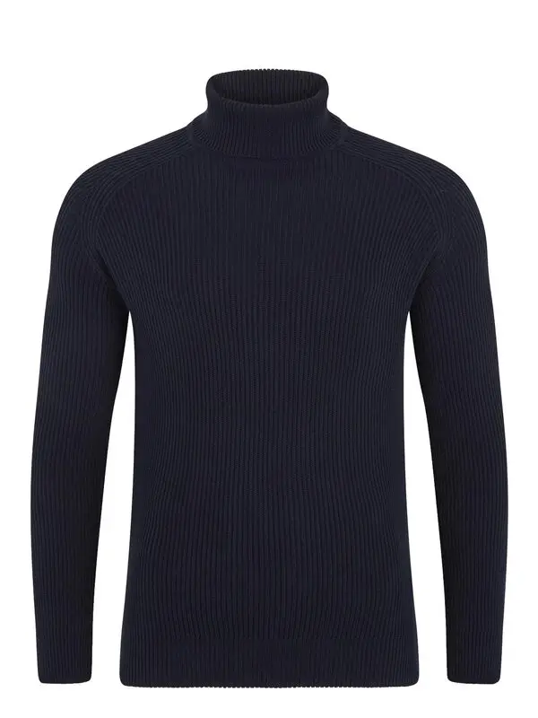 PAUL JAMES KNITWEAR Midweight Cotton Bernard Ribbed Roll Neck Jumper Navy - Blue