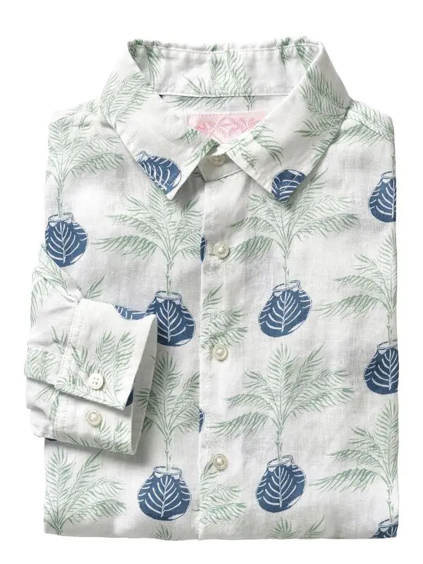 PINK HOUSE Linen Shirt Potted Palm Green And Navy - Blue