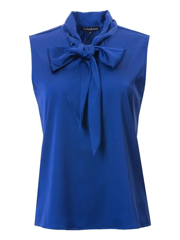 CARLOSLINES Bow Tie Sleeveless Blouse In Cobalt Solid - Blue