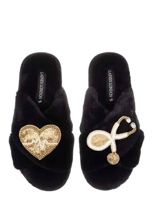 LAINES LONDON Classic Laines Slippers With Doctor Brooches - Black