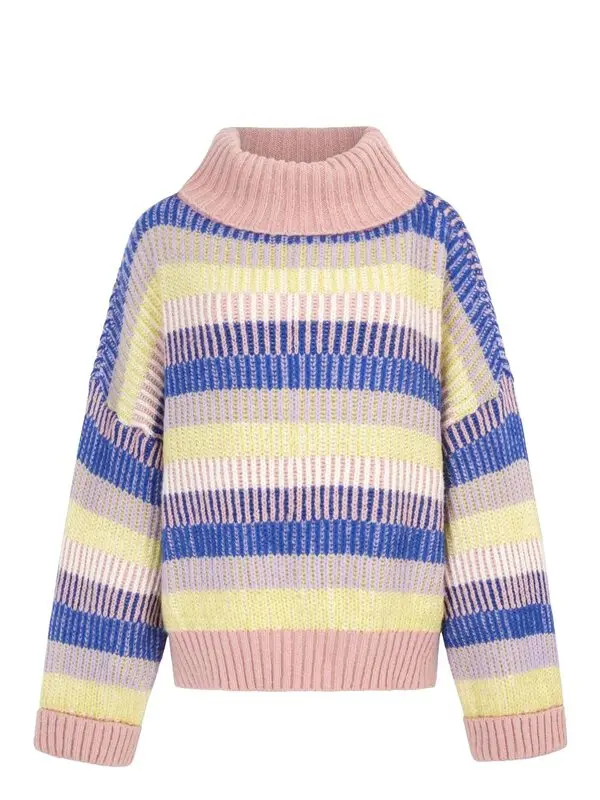 CARA & THE SKY Blue / Pink Tasha Oversized Balloon Sleeve Stripe Roll Neck Jumper Pink - Blue/pink