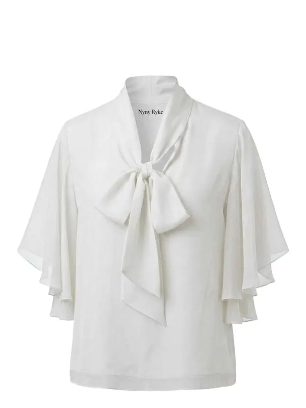 NYNY RYKE Ada, Bow Tie Silk Blouse, Sophisticated Day-to-evening Top - White