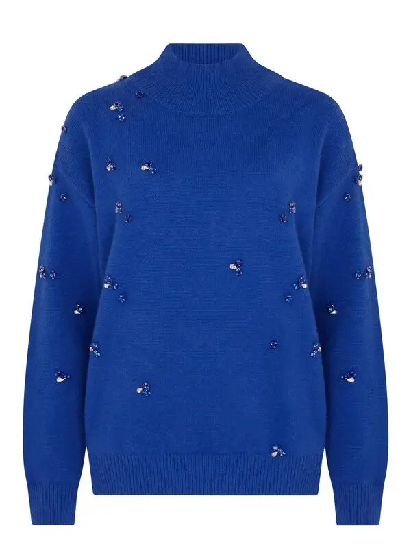 SOUR FIGS Gemstone-embellished High-neck Jumper In Sapphire - Blue