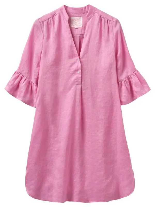 PINK HOUSE Linen Decima Dress With Frilled Cuff Plain Fuchsia - Pink