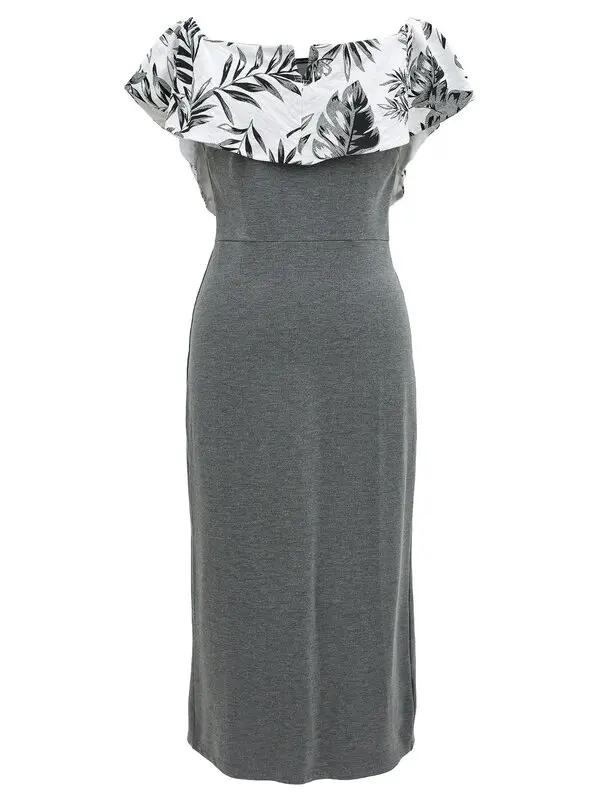 SMART AND JOY Bi-material Bodicon Dress With Off-shoulder Printed Ruffle - Grey