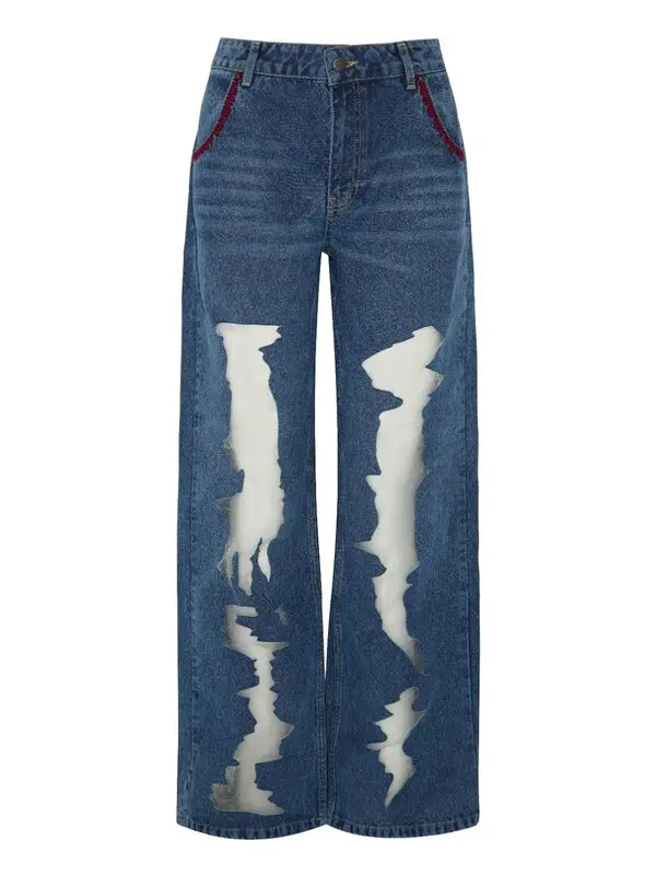 LIMAR Distressed Wide Leg Sheer Panel Embroidered Denim Jeans - Blue