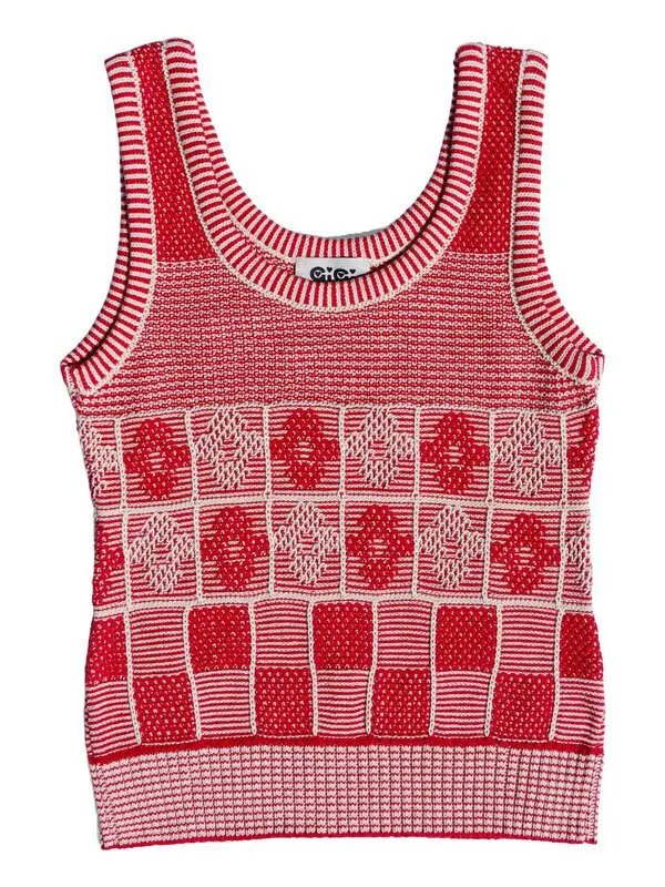 GIGI KNITWEAR Lila Flower Check Tanktop, & Natural - Red