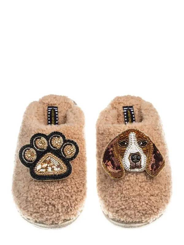LAINES LONDON Teddy Closed Toe Slippers With Beagle & Paw Brooches Toffee - Brown