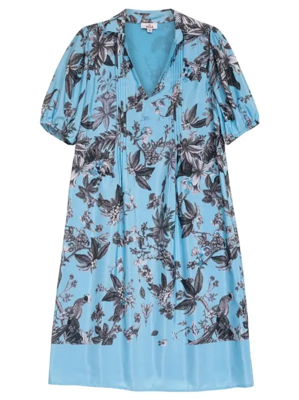 NIZA Short Dress With V-neck And Wide Printed Sleeves - Blue