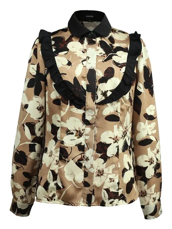 SMART AND JOY Ruffle Macro Flower Print Shirt Beige - Brown