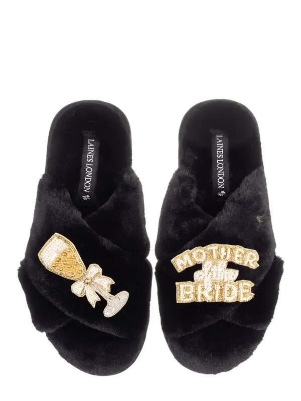 LAINES LONDON Classic Laines Slippers With Mother Of The Bride Brooches - Black