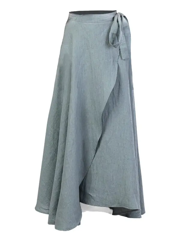 NIKKA PLACE Summer Beach Linen Wrap Skirt With Tie In Dusty - Blue