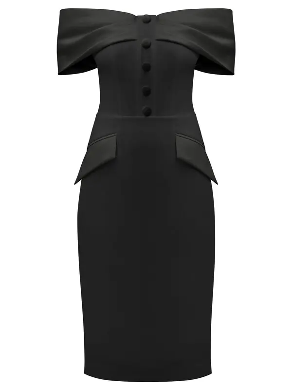 TIA DORRAINE Steel Confidence Off-shoulder Fitted Midi Dress - Black