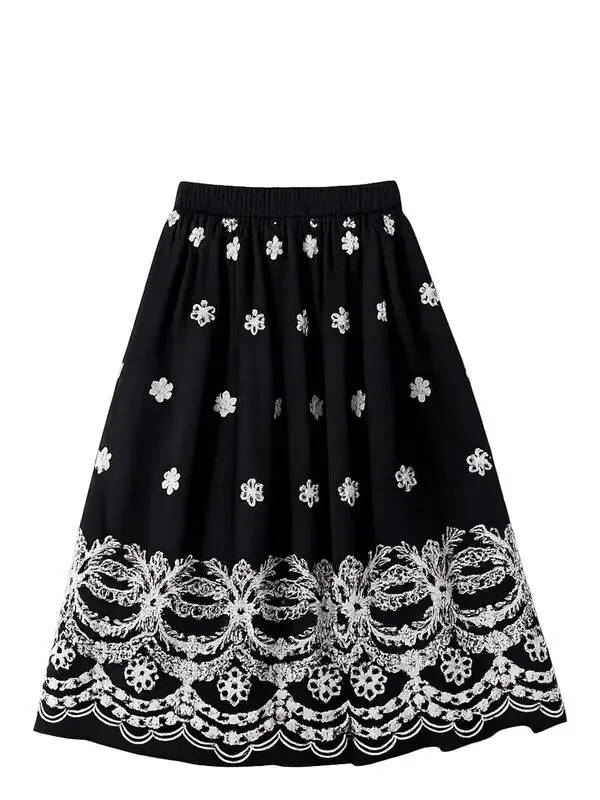 YUMI Embroidered Midi Skirt - Black
