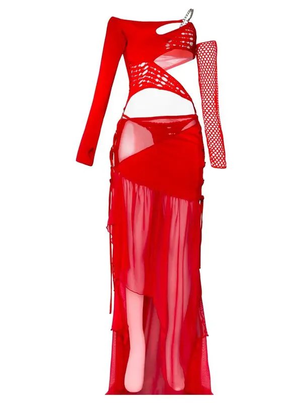 PALOMA LIRA Asymmetrical Sheer Maxi Dress With Detachable Sleeve - Red