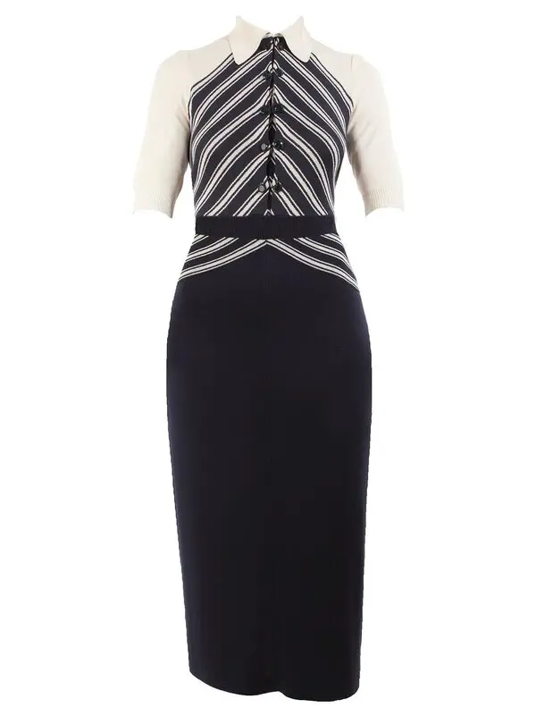 COMBELLE The Colbert Dress, Our Sophisticated Navy & Cream Stripe Vintage-inspired Pencil Midi Dress - Blue
