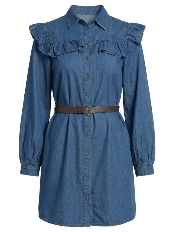 MODENAIRE Ruffled Collar Denim Shirt Dress - Blue