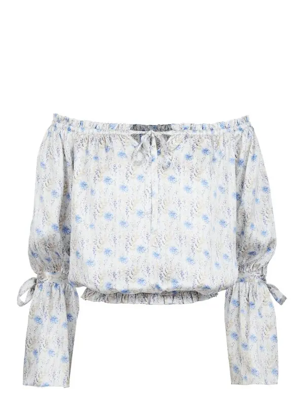 MODALLICA Ivy Off The Shoulder Organic Peace Silk White Blouse With Blue Flowers - White/blue