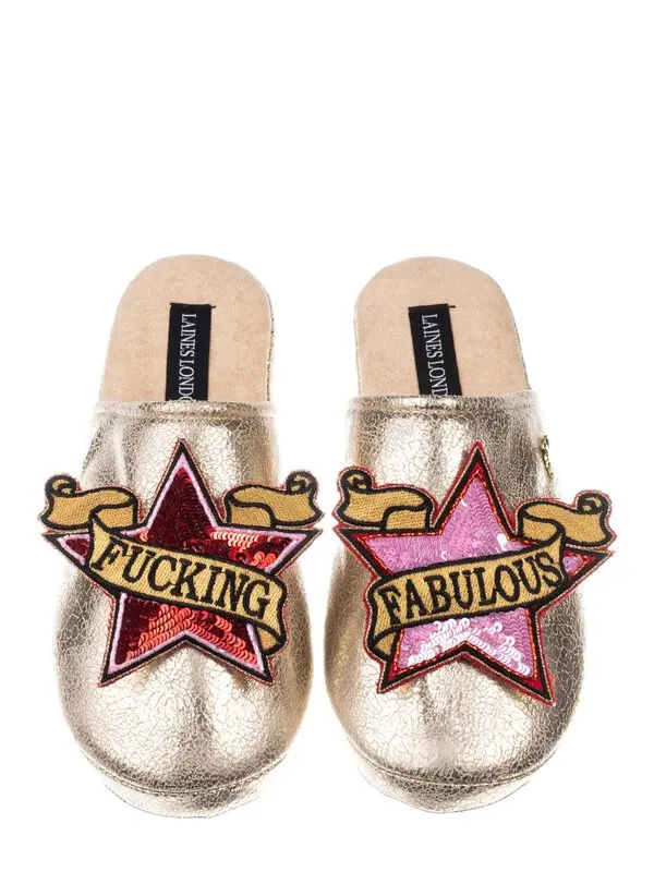 LAINES LONDON Softie Slippers With Red & Pink Fucking Fabulous Brooches - Gold