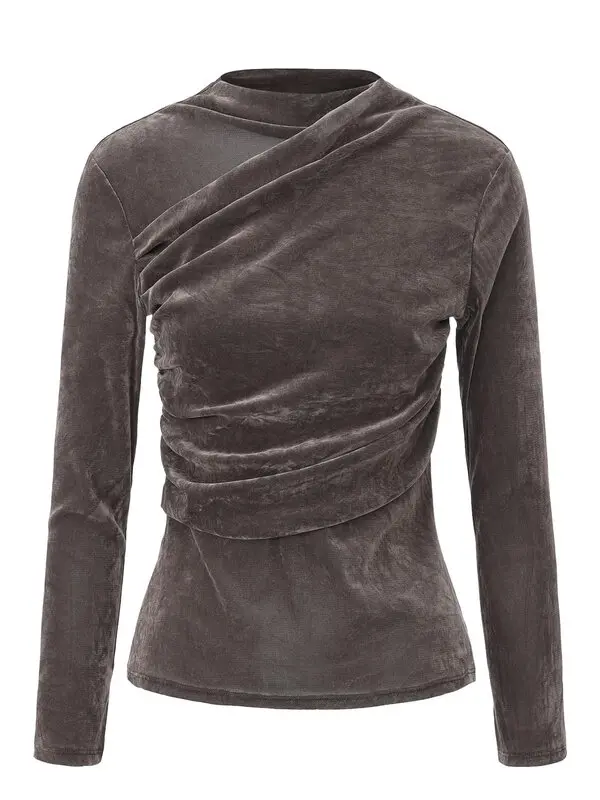 FRONT ROW SHOP Velvet Mesh Asymmetric Draped Top - Grey