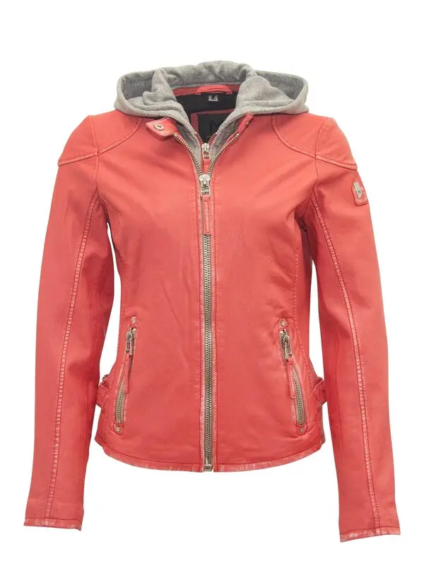 Mauritius Leather Moto Jacket Removable Hood Finja Coral - Orange