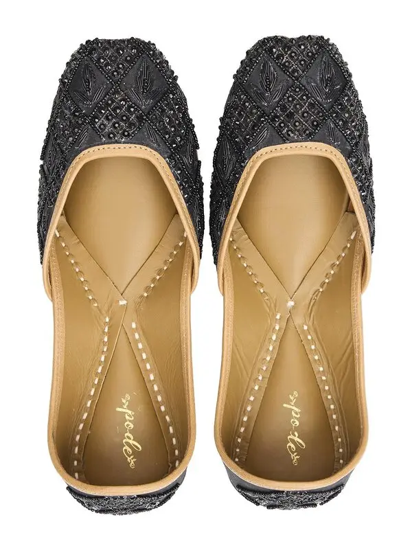 PODE Onyx Handmade Beaded Leather Flats - Black