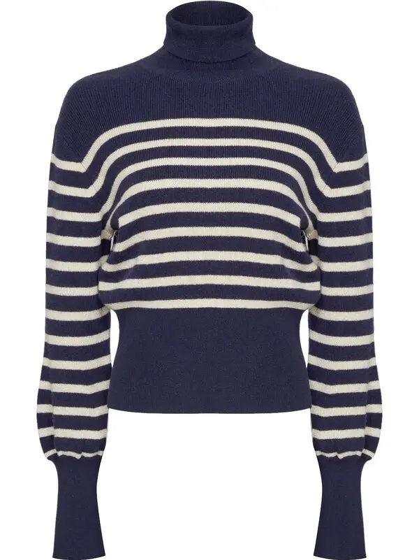 GUINEA Navy & Cream Lurex Stripe Cashmere Roll Neck Jumper - Blue