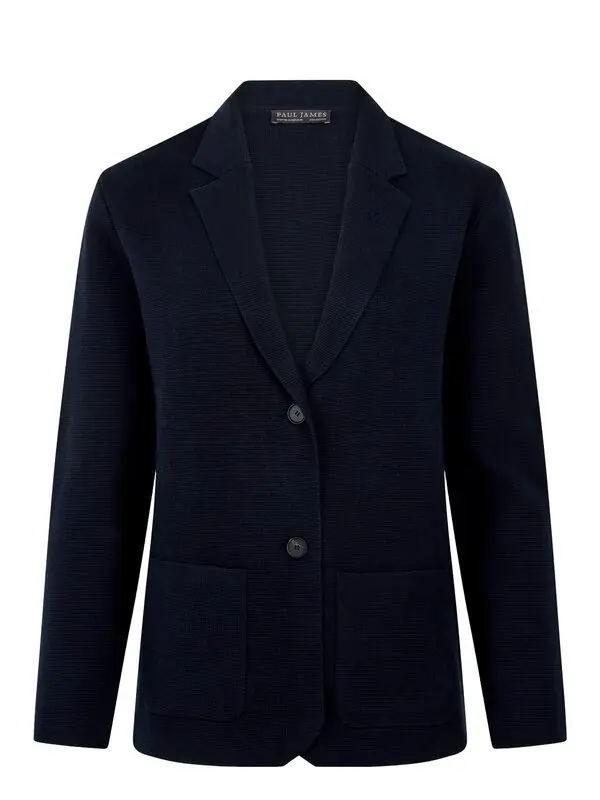 PAUL JAMES KNITWEAR Midweight Cotton Tara Relaxed Fit Knitted Blazer Navy - Blue
