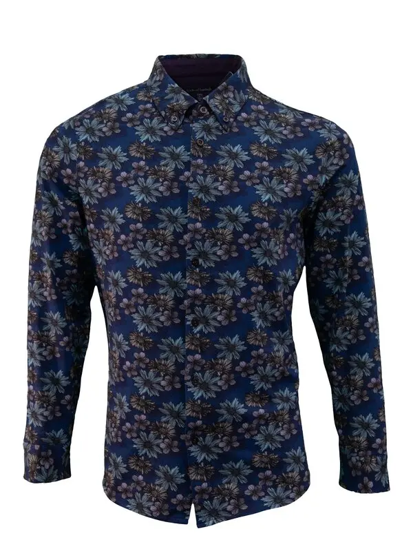 LORDS OF HARLECH Sawyer Italian Floral Knit Shirt Navy - Blue